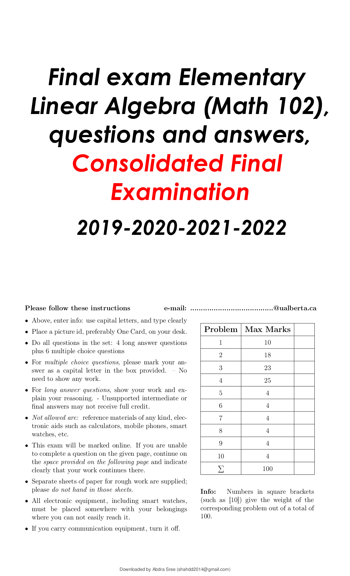 Final exam Elementary Linear Algebra (Math 102), questions and answers, Consolidated Final ...
